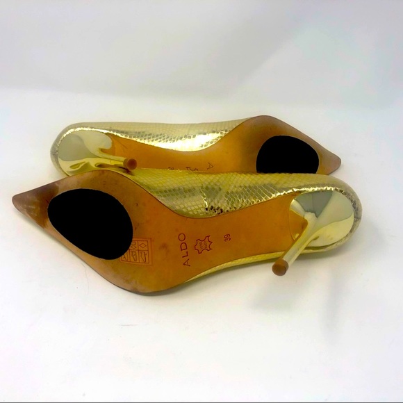 Aldo | Shoes | Aldo Gold Metallic Leather Snake Reptile Effect Pointy ...